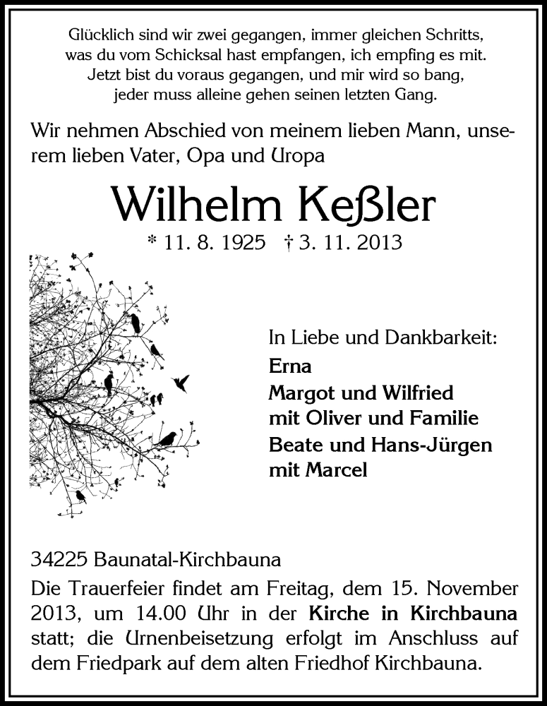 Traueranzeigen von Wilhelm Keßler | Trauer.HNA.de