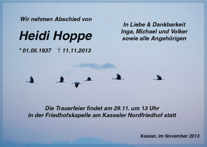Traueranzeigen von Heidi Hoppe | Trauer.HNA.de