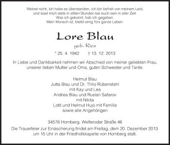 Traueranzeigen von Lore Blau | Trauer.HNA.de