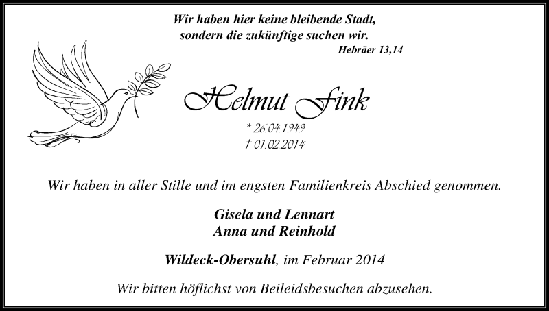 Traueranzeigen von Helmut Fink | Trauer.HNA.de