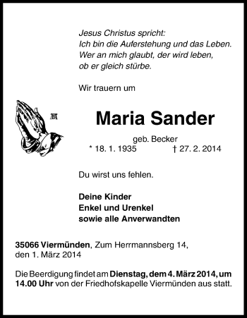 Traueranzeigen von Maria Sander | Trauer.HNA.de
