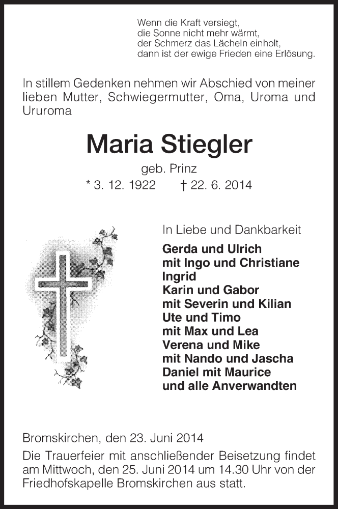 Traueranzeigen von Maria Stiegler | Trauer.HNA.de