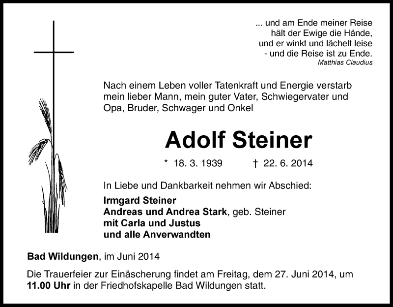 Traueranzeigen von Adolf Steiner | Trauer.HNA.de