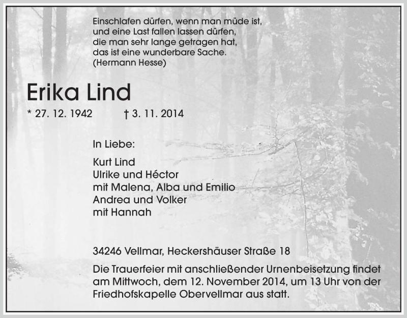 Traueranzeigen von Erika Lind | Trauer.HNA.de