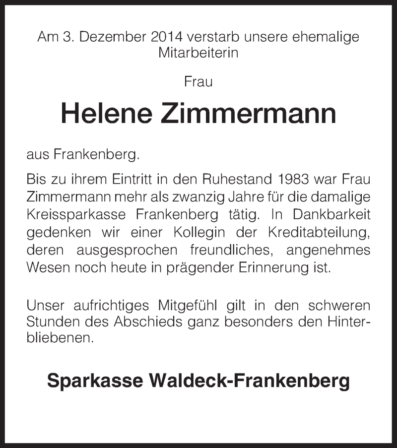 Traueranzeigen von Helene Zimmermann | Trauer.HNA.de