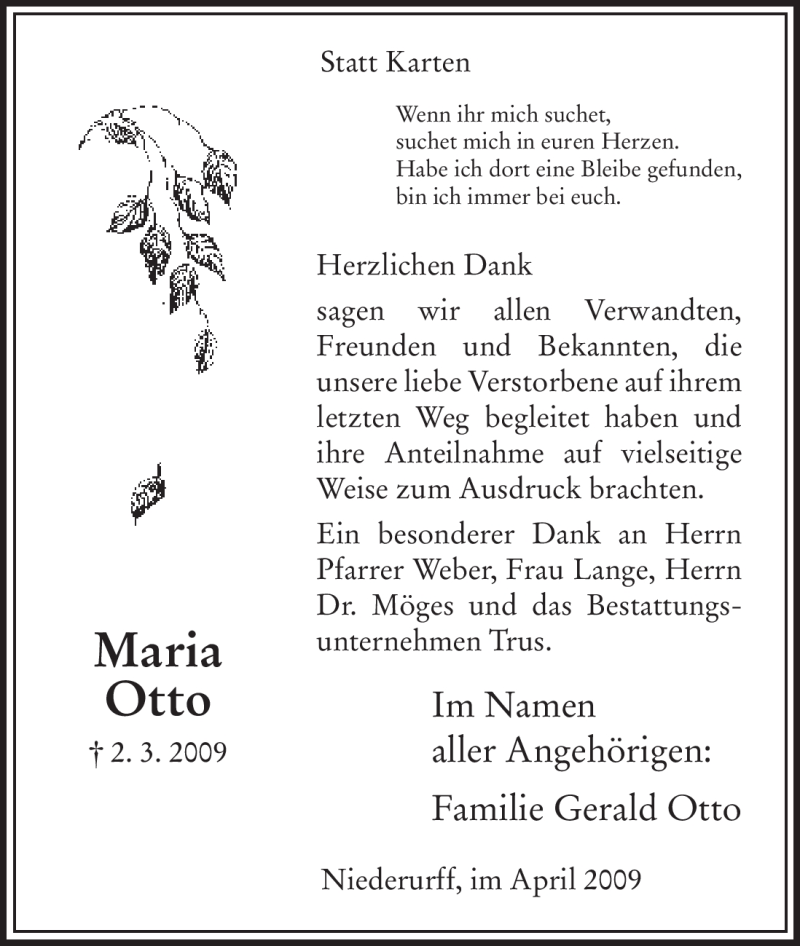 Traueranzeigen von Maria Otto | Trauer.HNA.de