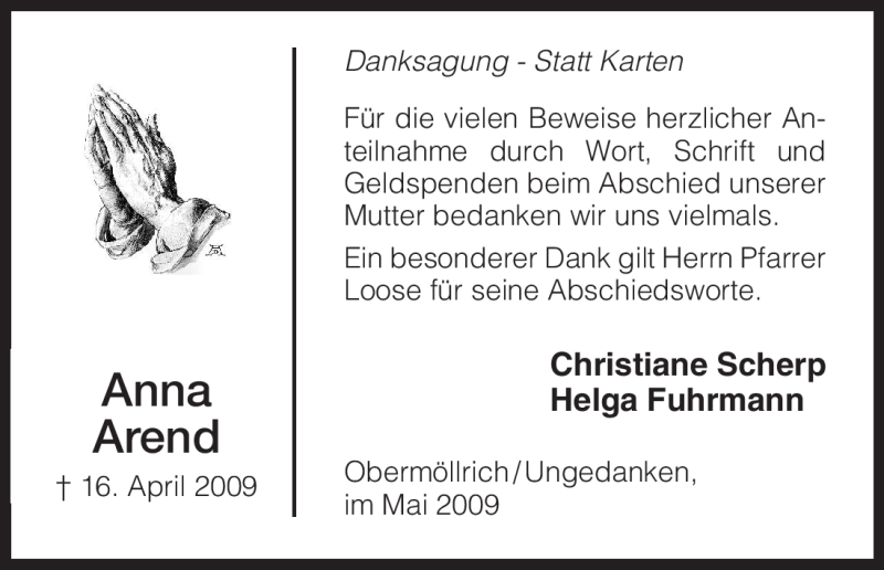 Traueranzeigen von Anna Arend | Trauer.HNA.de