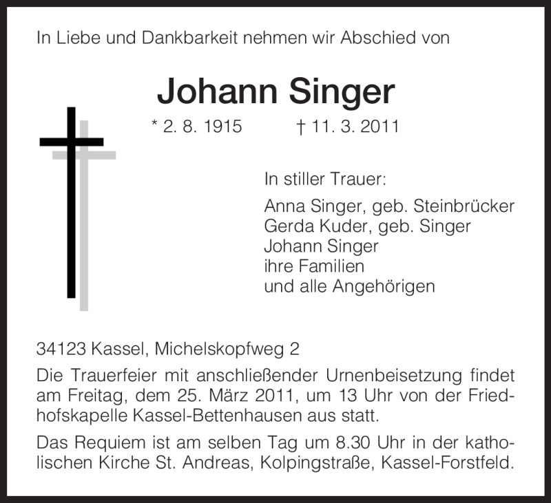 Traueranzeigen von Johann Singer | Trauer.HNA.de