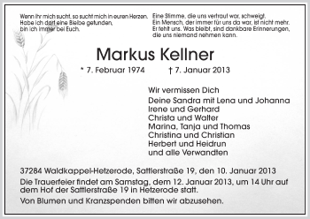Traueranzeigen von Markus Kellner | Trauer.HNA.de