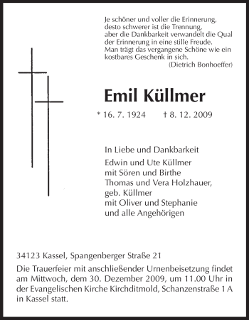 Traueranzeigen von Emil Küllmer | Trauer.HNA.de