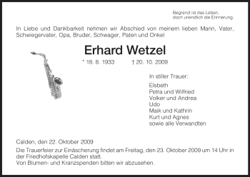 Traueranzeigen von Erhard Wetzel | Trauer.HNA.de