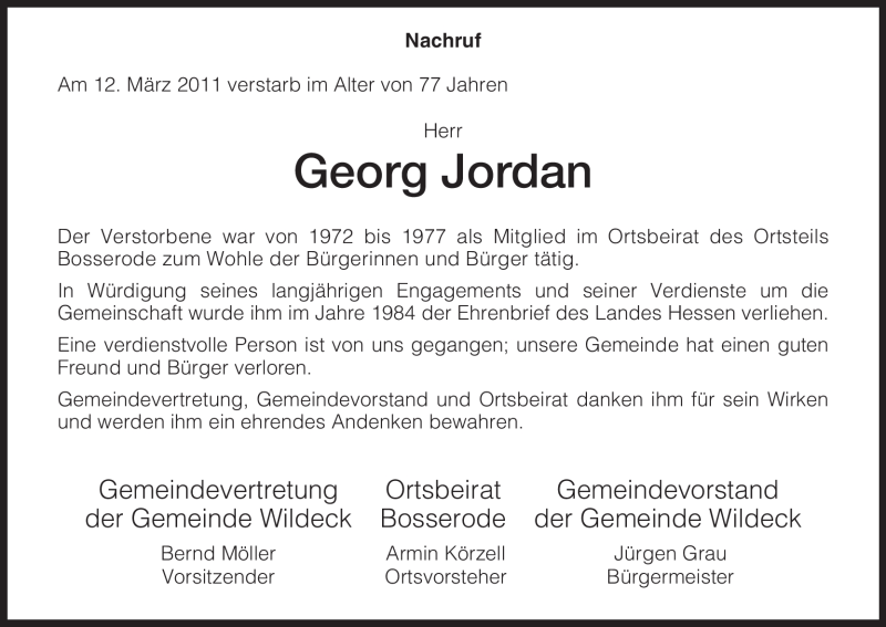 Traueranzeigen von Georg Jordan | Trauer.HNA.de