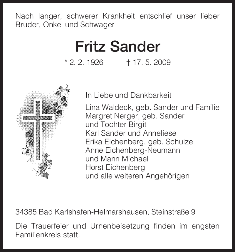 Traueranzeigen von Fritz Sander | Trauer.HNA.de