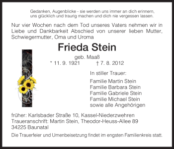 Traueranzeigen von Frieda Stein | Trauer.HNA.de