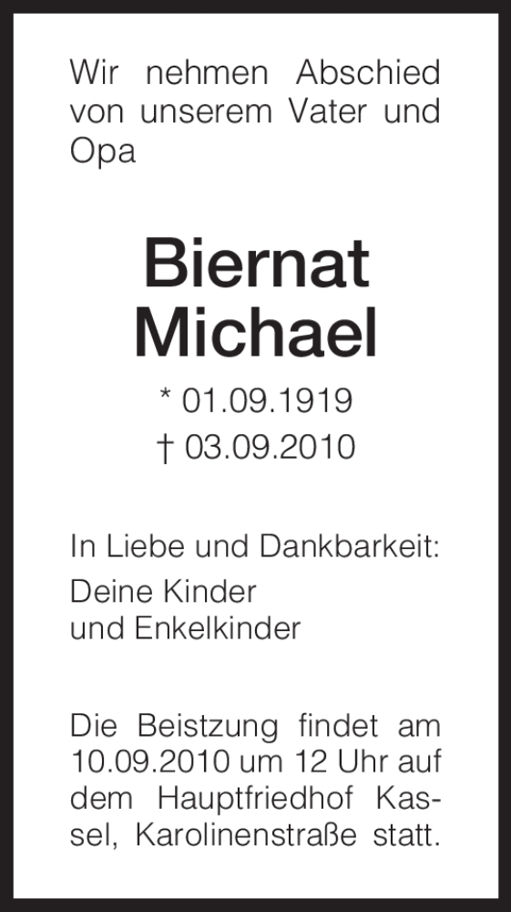 Traueranzeigen von Biernat Michael | Trauer.HNA.de