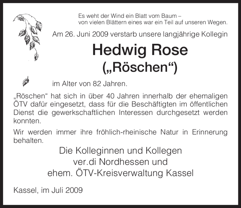 Traueranzeigen von Hedwig Rose | Trauer.HNA.de