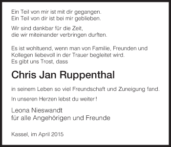 Traueranzeigen von Chris Jan Ruppenthal | Trauer.HNA.de
