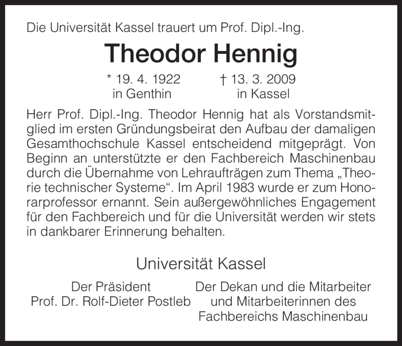 Traueranzeigen von Theodor Hennig | Trauer.HNA.de