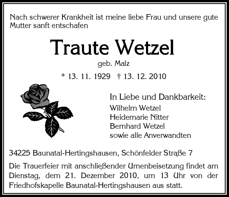 Traueranzeigen von Traute Wetzel | Trauer.HNA.de