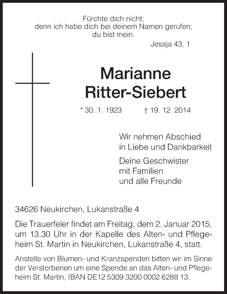 Traueranzeigen von Marianne Ritter-Siebert | Trauer.HNA.de