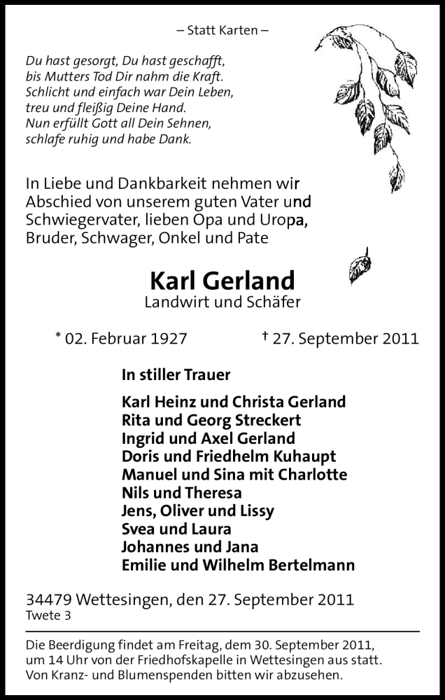 Traueranzeigen von Karl Gerland | Trauer.HNA.de