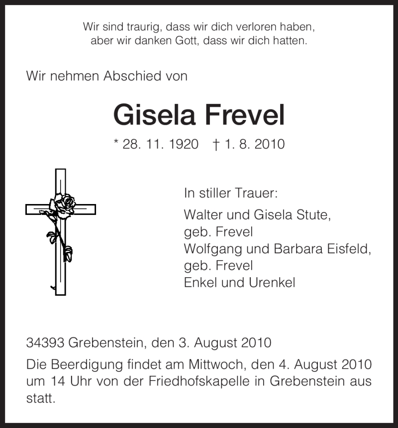Traueranzeigen von Gisela Frevel | Trauer.HNA.de