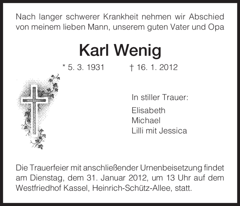Traueranzeigen von Karl Wenig | Trauer.HNA.de