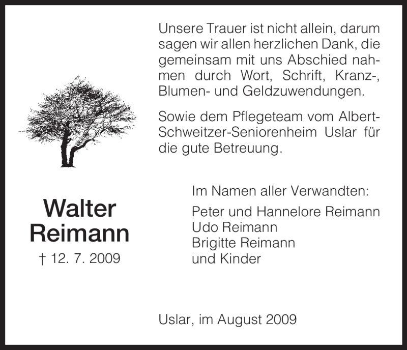 Traueranzeigen von Walter Reimann | Trauer.HNA.de