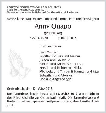Traueranzeigen von Anny Quapp | Trauer.HNA.de