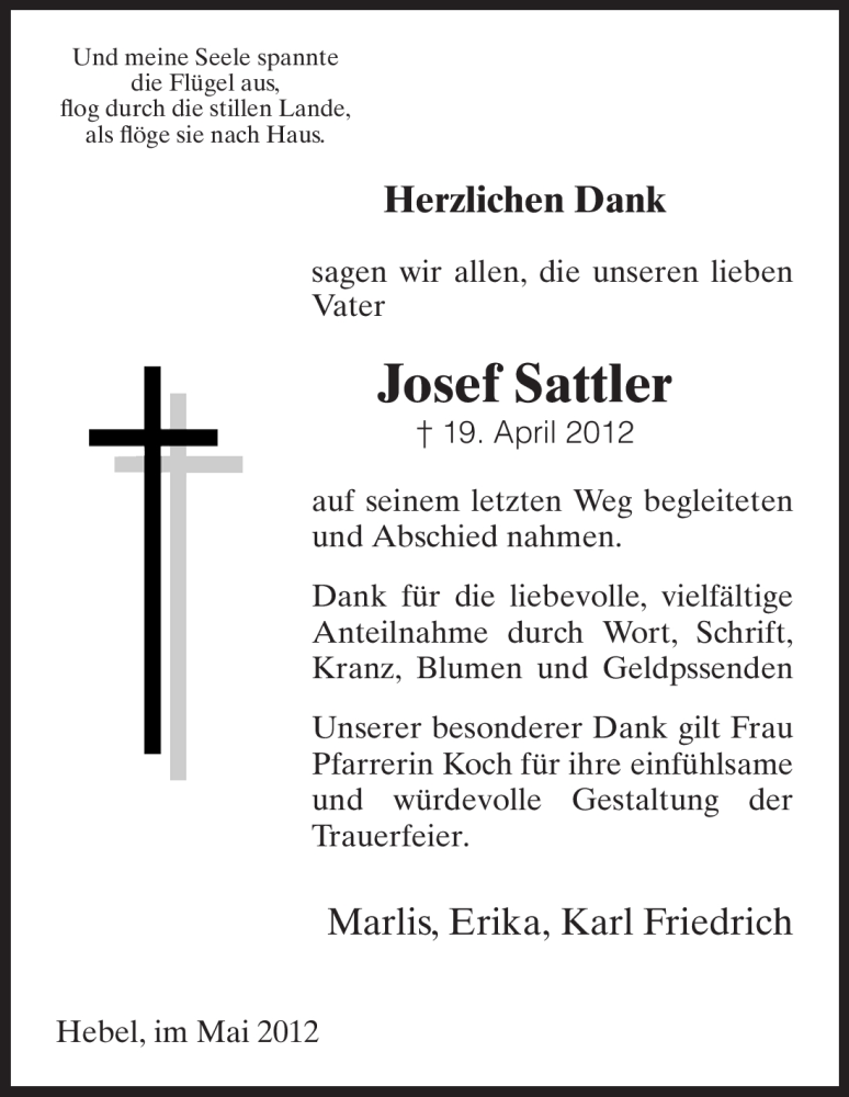 Traueranzeigen von Josef Sattler | Trauer.HNA.de