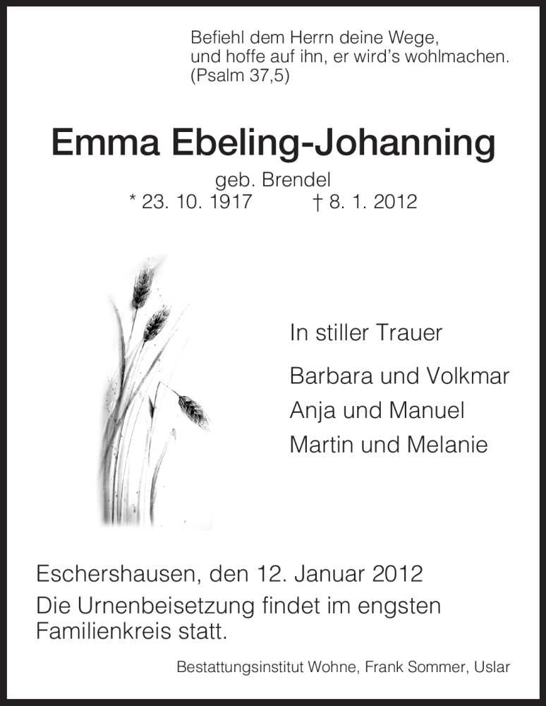 Traueranzeigen von Emma Ebeling-Johanning | Trauer.HNA.de