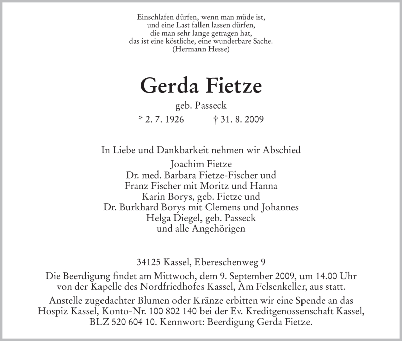 Traueranzeigen von Gerda Fietze | Trauer.HNA.de
