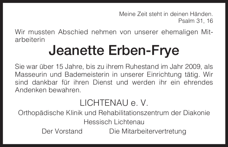Traueranzeigen von Jeanette Erben-Frye | Trauer.HNA.de
