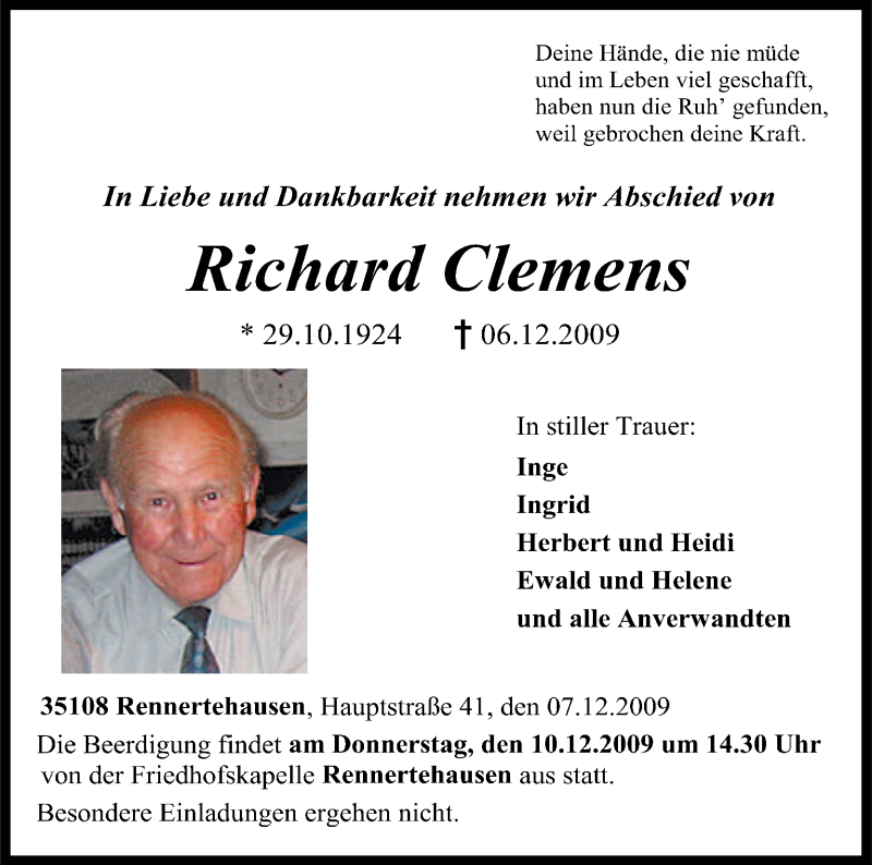 Traueranzeigen von Richard Clemens | Trauer.HNA.de