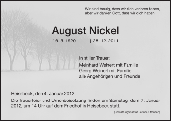 Traueranzeigen von August Nickel | Trauer.HNA.de