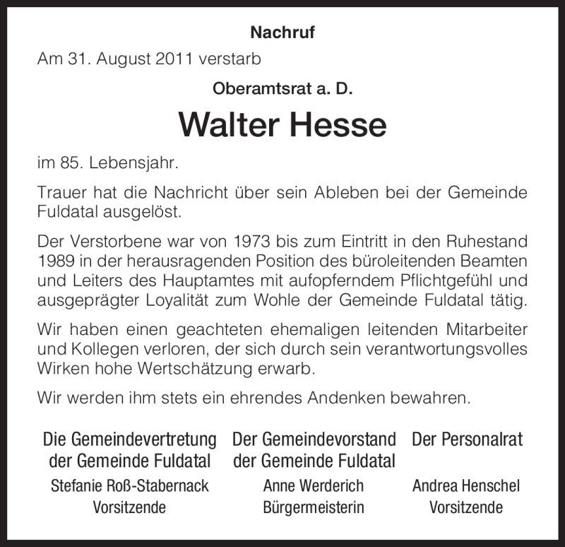 Traueranzeigen von Walter Hesse | Trauer.HNA.de