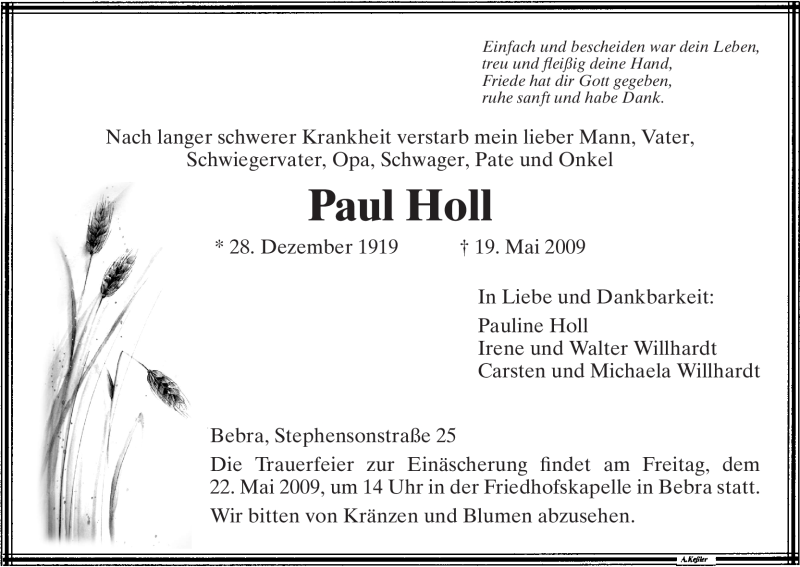 Traueranzeigen von Paul Holl | Trauer.HNA.de