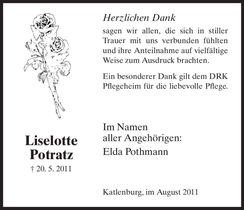 Traueranzeigen von Liselotte Potratz | Trauer.HNA.de