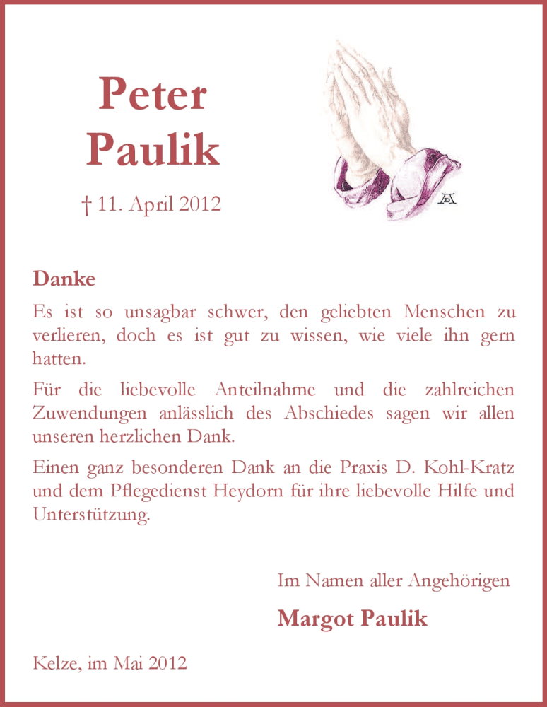 Traueranzeigen von Peter Paulik | Trauer.HNA.de