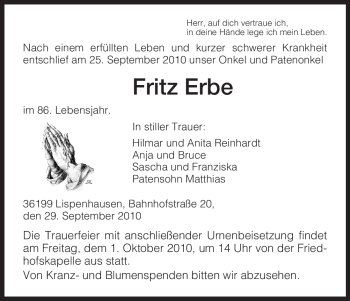 Traueranzeigen von Fritz Erbe | Trauer.HNA.de