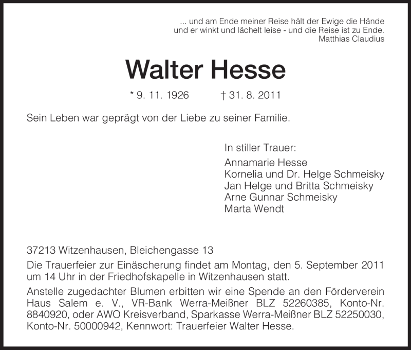 Traueranzeigen von Walter Hesse | Trauer.HNA.de
