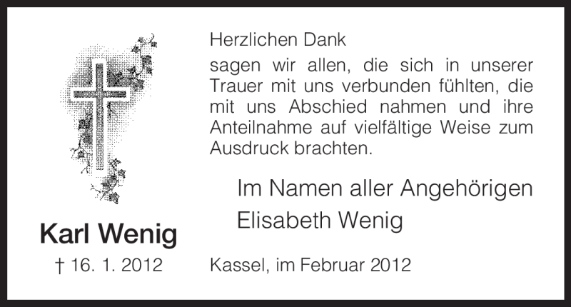 Traueranzeigen von Karl Wenig | Trauer.HNA.de