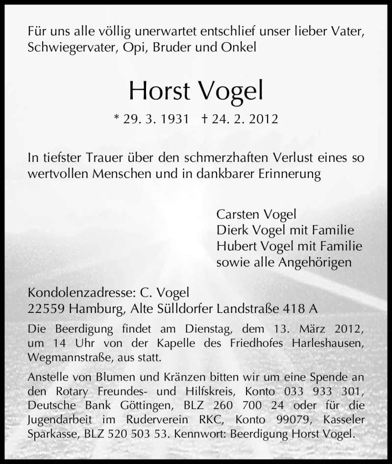 Traueranzeigen von Horst Vogel | Trauer.HNA.de