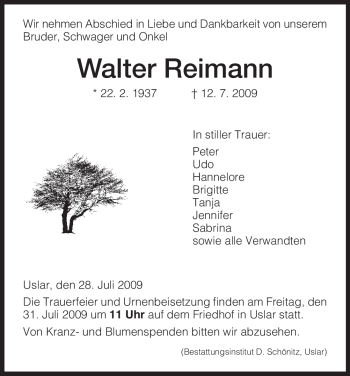 Traueranzeigen von Walter Reimann | Trauer.HNA.de