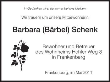 Traueranzeigen von Barbara Schenk | Trauer.HNA.de