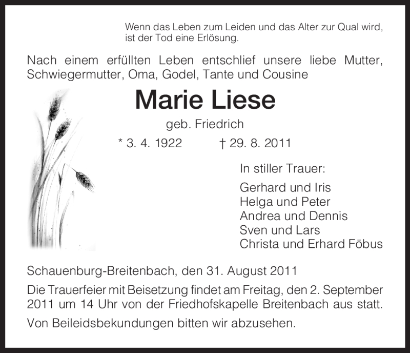 Traueranzeigen von Marie Liese | Trauer.HNA.de