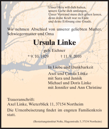 Traueranzeigen von Ursula Linke | Trauer.HNA.de