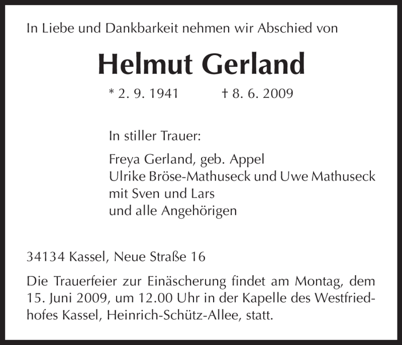 Traueranzeigen von Helmut Gerland | Trauer.HNA.de
