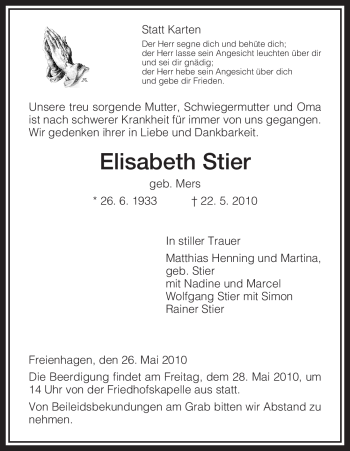 Traueranzeigen von Elisabeth Stier | Trauer.HNA.de