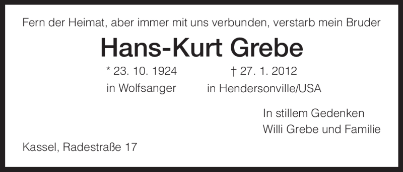 Traueranzeigen von Hans-Kurt Grebe | Trauer.HNA.de